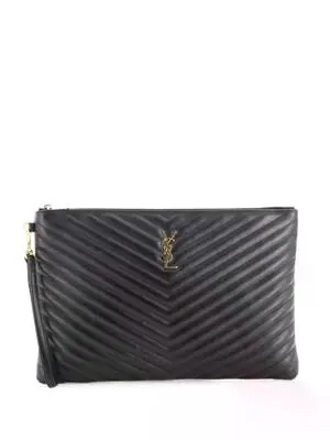 Saint Laurent Classic Monogram Wristlet Pouch Matelasse Chevron Leather Large Clutch Bag - Black