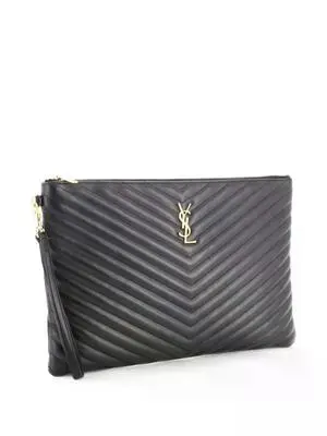 Saint Laurent Classic Monogram Wristlet Pouch Matelasse Chevron Leather Large Clutch Bag - Black