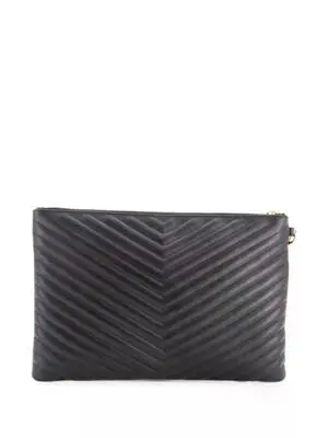Saint Laurent Classic Monogram Wristlet Pouch Matelasse Chevron Leather Large Clutch Bag - Black