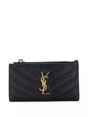 Saint Laurent Monogram Fragments Zip Matelasse Chevron Leather Card Holder - Black