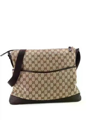 Gucci Zip Messenger Bag Gg Canvas With Perforated Leather Large Crossbody Bag - Brown