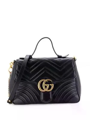 Gucci Gg Marmont Top Handle Flap Bag Matelasse Leather Small Satchel - Black