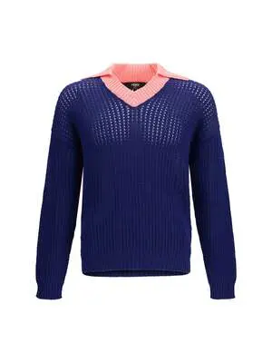 Fendi Ribbed V-neck Sweater With Ff Motif - Blue