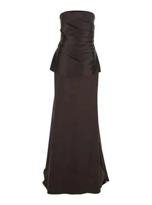 Solace London Alia' Brown Long Dress With Straight Neckline And Flared Design In Tech Fabric - Multicolor