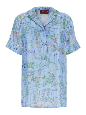 Gucci Blue Shirt With Cuban Collar And All-over Floral Print In Silk - Multicolor