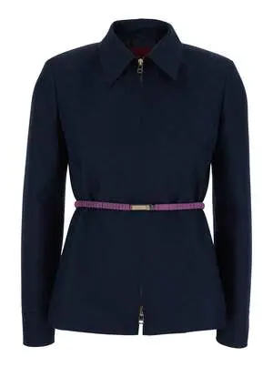 Gucci Blue Jacket With Classic Collar And Removable Belt With Gg Logo Plate For - Multicolor