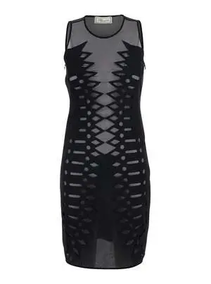Blumarine Black Sleeveless Dress With Round Neck And All-over Embroidery In Tech Fabric For - Multicolor