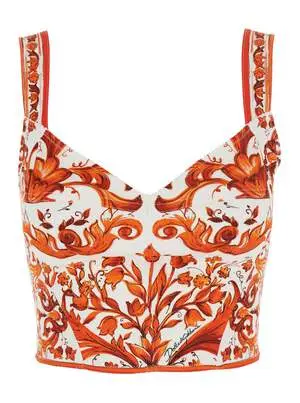 Dolce & Gabbana Orange Top With Bustier Design And All-over Majolica Print In Silk Blend For - Multicolor