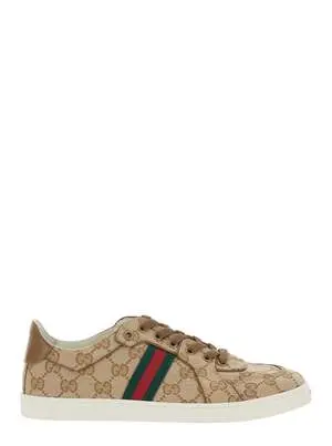 Gucci Stretch' Beige Sneaker With All-over Gg Motif And Web Detail In Fabric And Leather - Multicolor