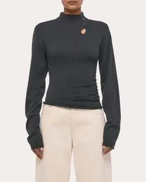 Helmut Lang Wool Long-sleeve Button Mock Neck Top