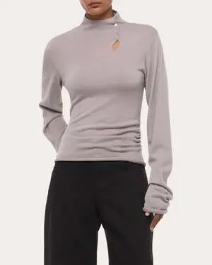 Helmut Lang Wool Long-sleeve Button Mock Neck Top