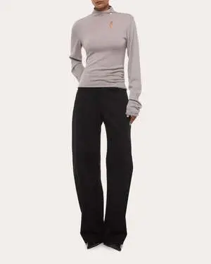 Helmut Lang Wool Long-sleeve Button Mock Neck Top