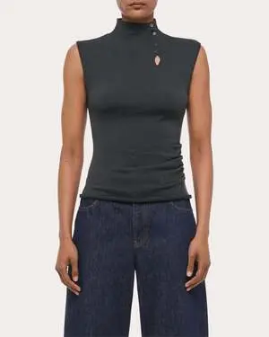 Helmut Lang Wool Sleeveless Button Mock Neck Top