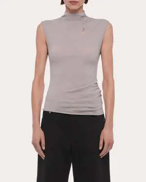Helmut Lang Wool Sleeveless Button Mock Neck Top