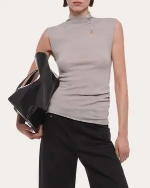 Helmut Lang Wool Sleeveless Button Mock Neck Top