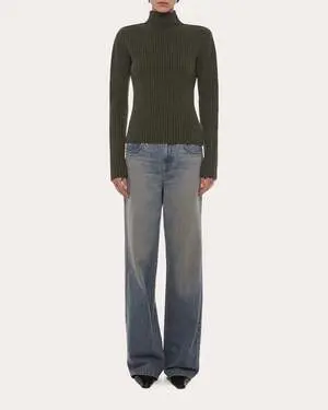 Helmut Lang Ribbed Wool Mock Neck Sweater - Green