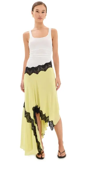 Christopher Esber Cutaway Lace Gathered Tank Silk Dress - Chartreuse/multi