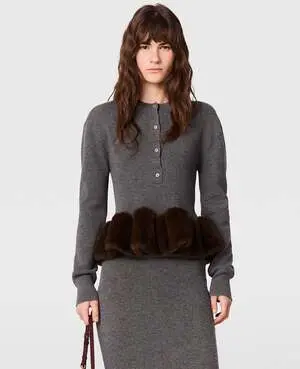 Stella McCartney Wool Crewneck Jumper With Fur Trim - Grey