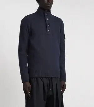 Stone Island Wool-blend Button-up Sweater - Navy