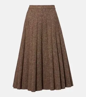 Brunello Cucinelli Pleated Wool-blend Tweed Midi Skirt - Brown