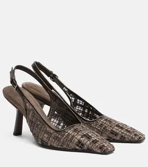 Brunello Cucinelli Beaded Checked Leather-trimmed Slingback Pumps - Brown