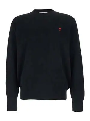 AMI Paris Crewneck Sweater With Adc Embroidery On The Front In Wool Blend - Black