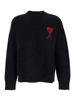 AMI Paris Crewneck Sweater With Adc Embroidery On The Front In Wool For - Black