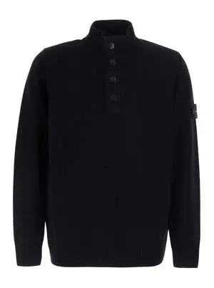 Stone Island High-neck Sweater With Front Buttons And Logo Patch On The Sleeve In Wool For - Black