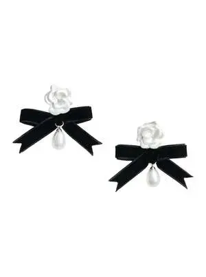 SELF-PORTRAIT Earrings Pearl Black Bow With Pearls And Bow, In Metal, White - Multicolor
