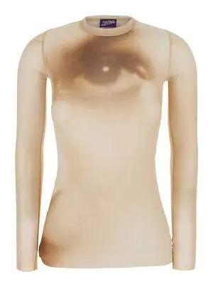 JEAN PAUL GAULTIER Beige T-shirt With Face Print And Long Sleeves In Tech Fabric For - Multicolor