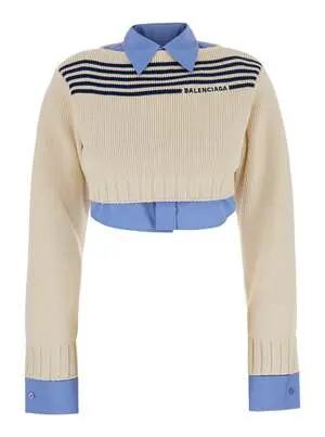 Balenciaga White Crop Sweater With Double-layer Design And Logo Lettering On The Front In Cotton For - Multicolor