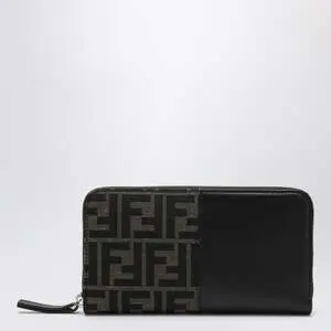 Fendi Tabacco Zip-around Wallet In Smooth Leather And Jacquard Ff - Black