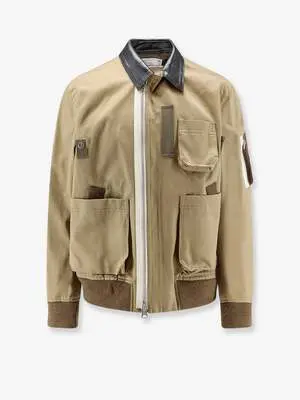 Sacai Cotton Bomber Jacket With Faux Leather Collar - Cream