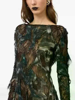 Roberto Cavalli Maxi Feather-embellished Lace Dress