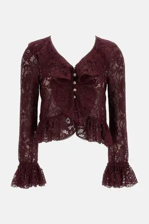 SELF-PORTRAIT Top In Pizzo Con Rouches - Bordeaux