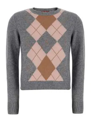Max Mara Argyle Wool & Cashmere Crewneck Sweater With Ribbed Edges - Grigio