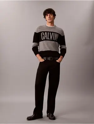 Calvin Klein Merino Striped Calvin Logo Sweater - Black
