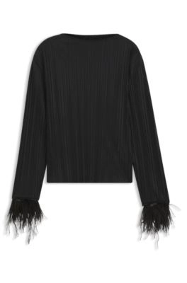 BOSS Slim-fit Mock-neck Top With Feather Details - Black