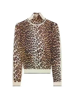 GANNI Leopard-print Turtleneck Top - Brown