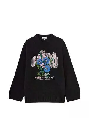 GANNI Floral-intarsia Oversized Sweater - Black