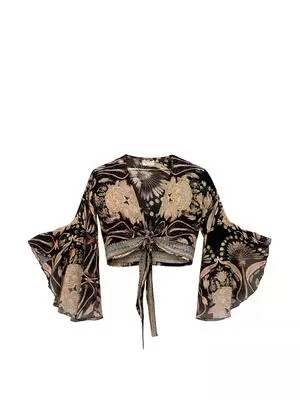 PAHIESA FORMENTERA Floral-print Tie-front Top - Black