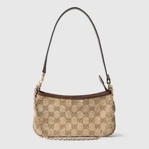 Gucci Gossip Crystal Small Shoulder Bag Gg Canvas - Beige