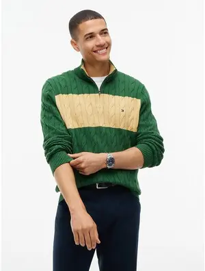 Tommy Hilfiger Cable Knit Striped Quarter-zip Sweater - Deep Evergreen