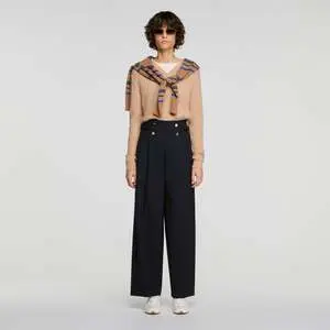 Sandro Buttoned Wide-leg Wool Trousers - Navy Blue