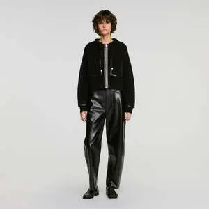 Sandro Hooded Cardigan With Leather Trim - Black