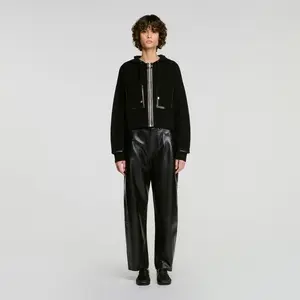 Sandro Hooded Cardigan With Leather Trim
