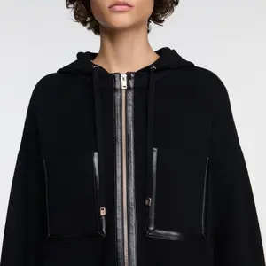 Sandro Hooded Cardigan With Leather Trim