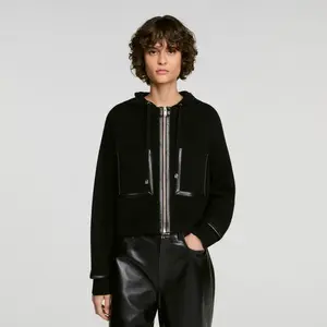 Sandro Hooded Cardigan With Leather Trim