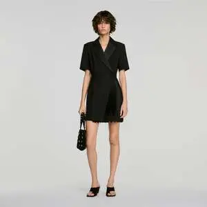 Sandro Short Lace Wrap Dress With Tailored Collar - Black