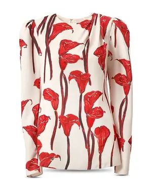 Carolina Herrera Printed Draped Long Sleeve Blouse